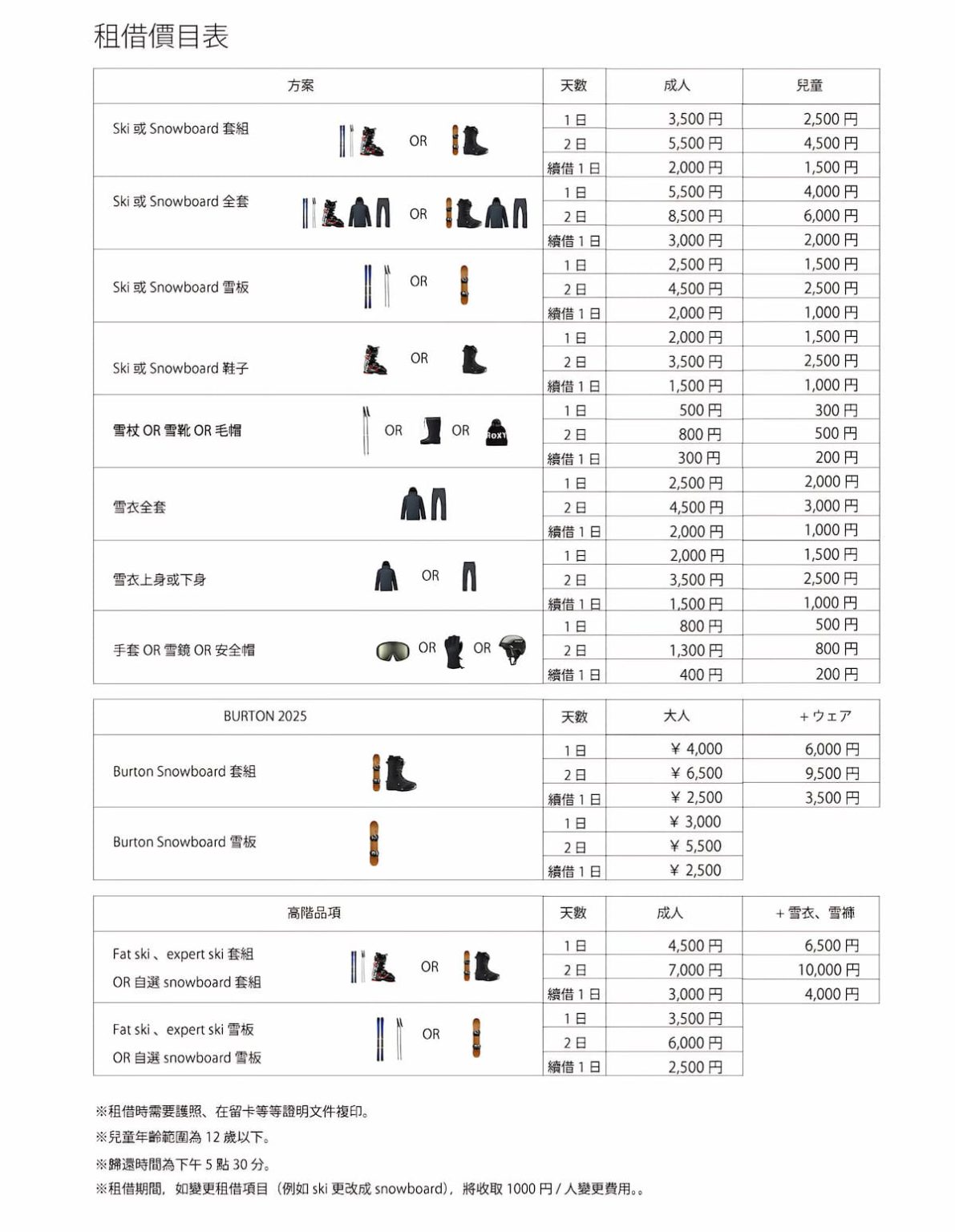 租借價目表 – BOO SPORTS